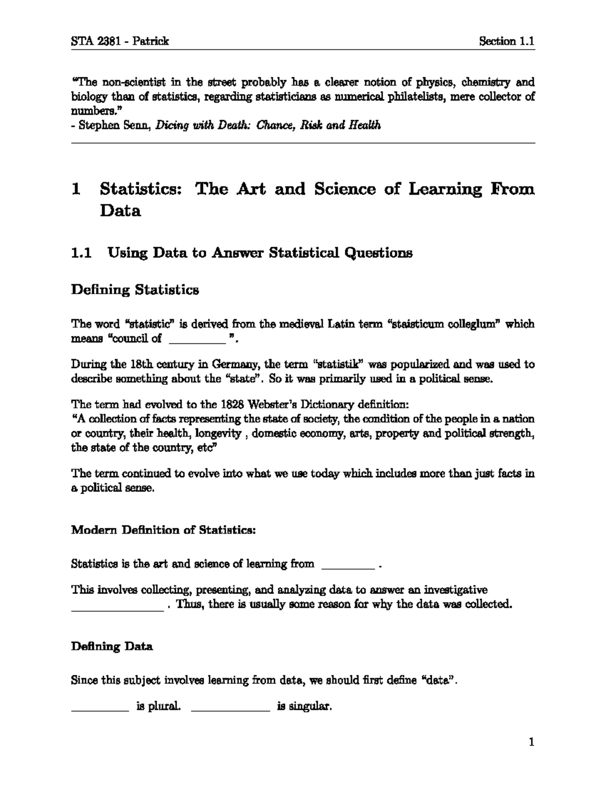 001 - 008 Chapter 1 - Class notes - STA 3381 - Studocu