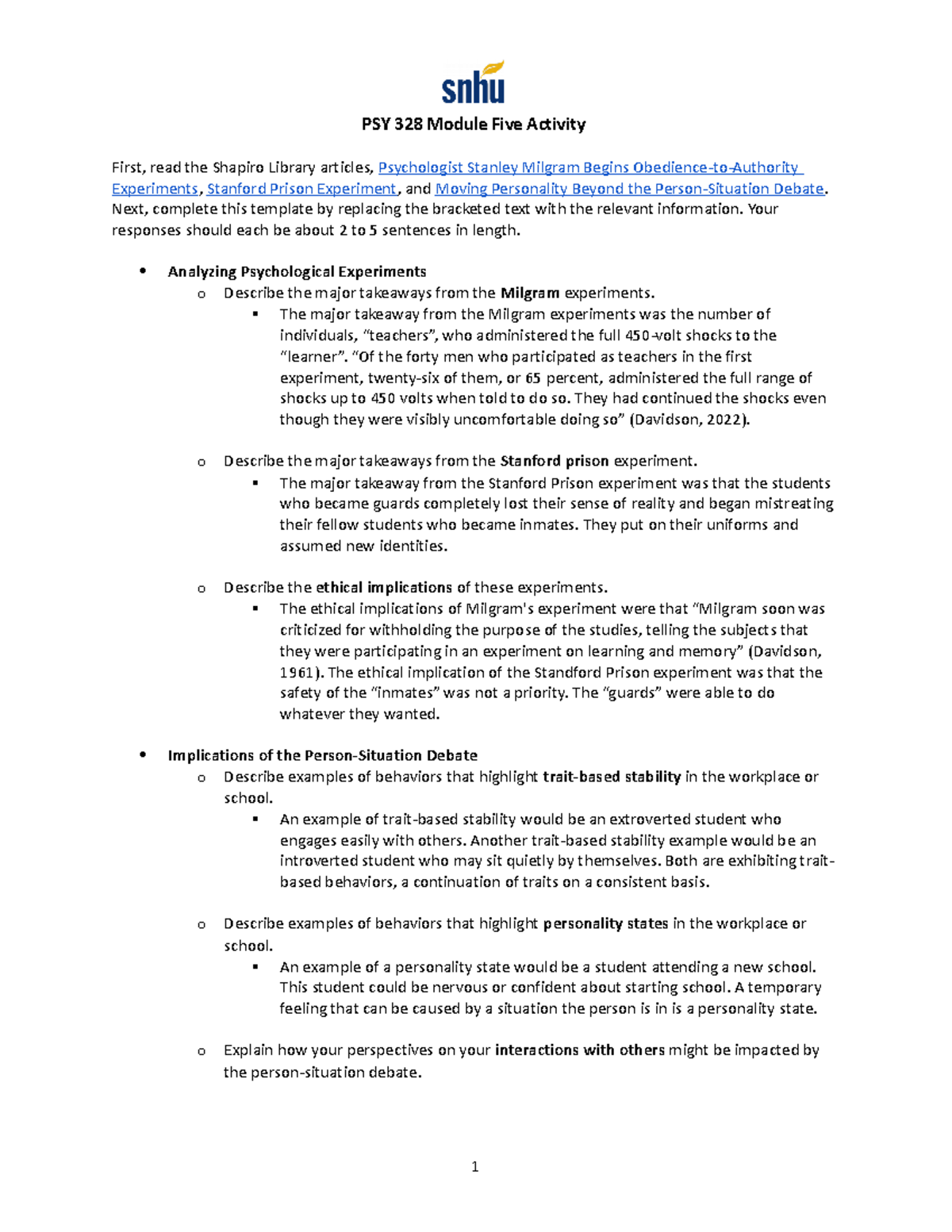 Module Five Activity Template - PSY 328 Module Five Activity First, read the Shapiro Library ...