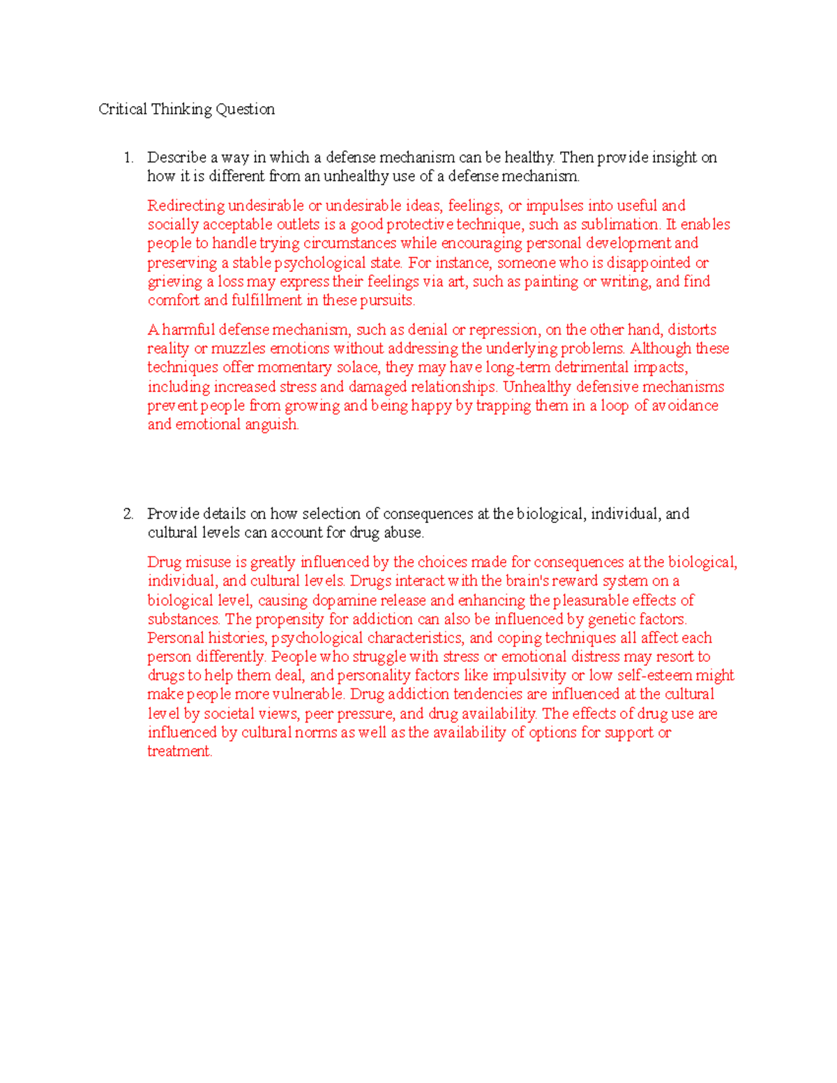 PSY Critical Thinking Questions - Critical Thinking Question Describe a ...