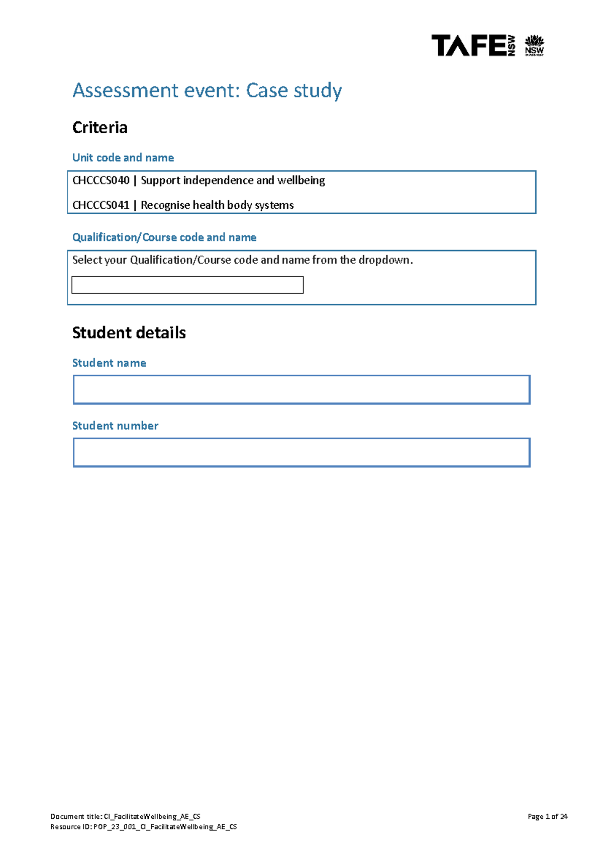 Cl Facilitate Wellbeing AE CS - Assessment event: Case study Criteria ...