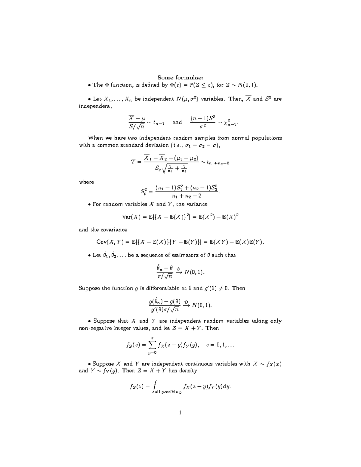 Formula Sheet - Some formulae: • The Φ function, is defined by Φ(z) =P ...