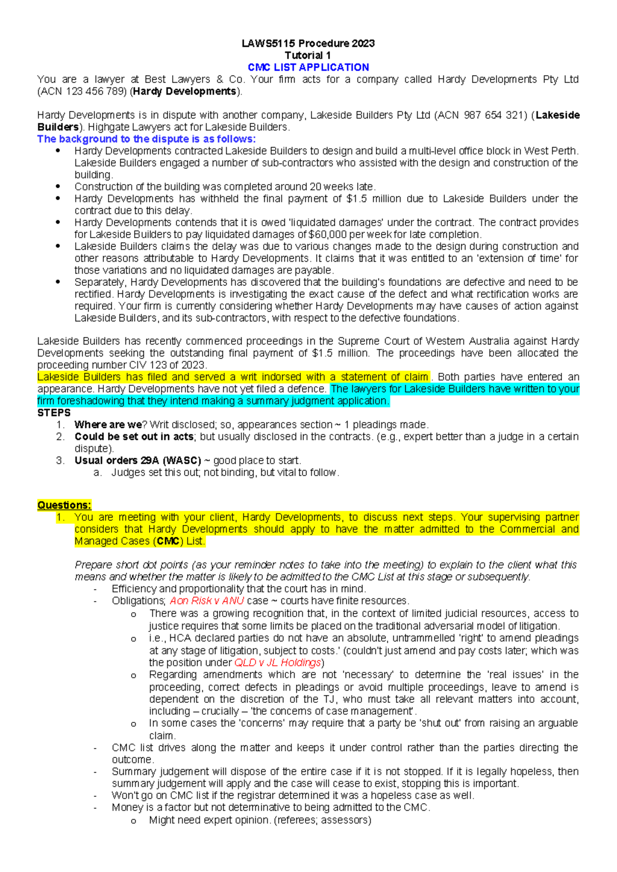 CMC List - Tutorial 1 - LAWS5115 Procedure 2023 Tutorial 1 CMC LIST ...