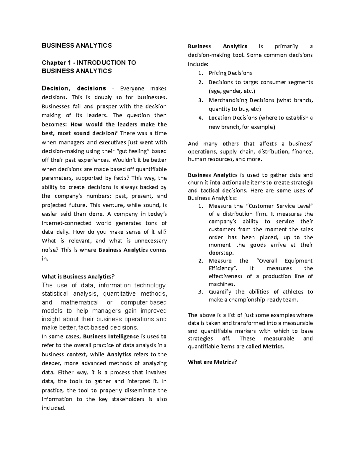 Busanalytics Reviewer - BUSINESS ANALYTICS Chapter 1 - INTRODUCTION TO ...