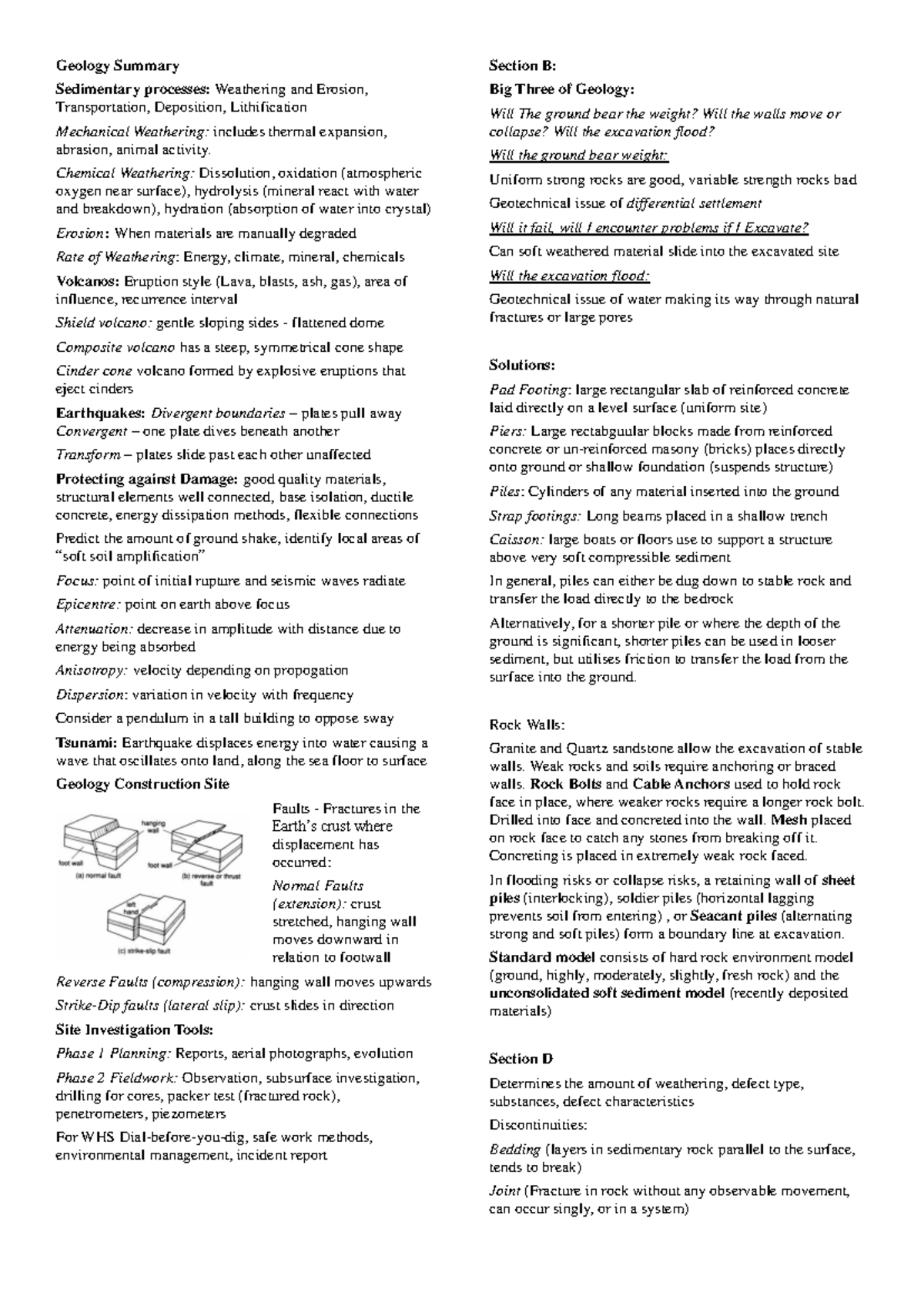Geology Summary - Geology Summary Sedimentary processes: Weathering and ...