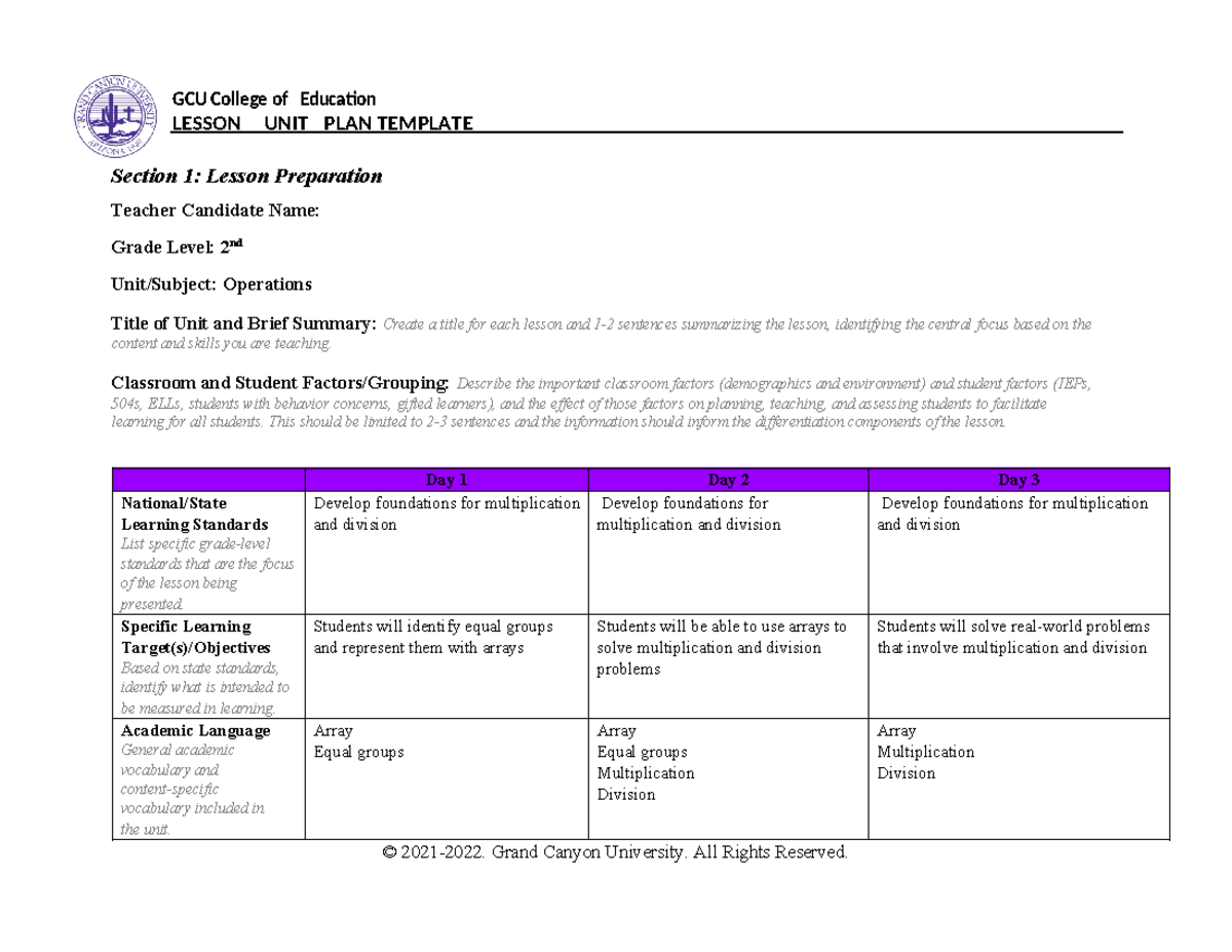 T7-3 day lesson plan - Section 1: Lesson Preparation Teacher Candidate ...
