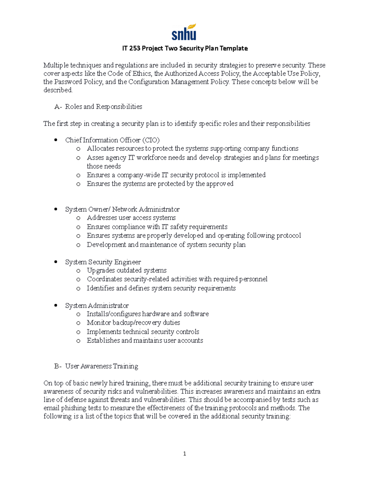 IT 253 Project Two - HOMEWORK - IT 253 Project Two Security Plan ...