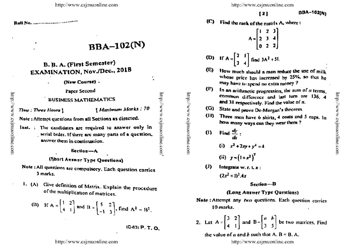 Bba 1 sem business mathematics bba 102n dec 2018 - Discrete Mathematics ...