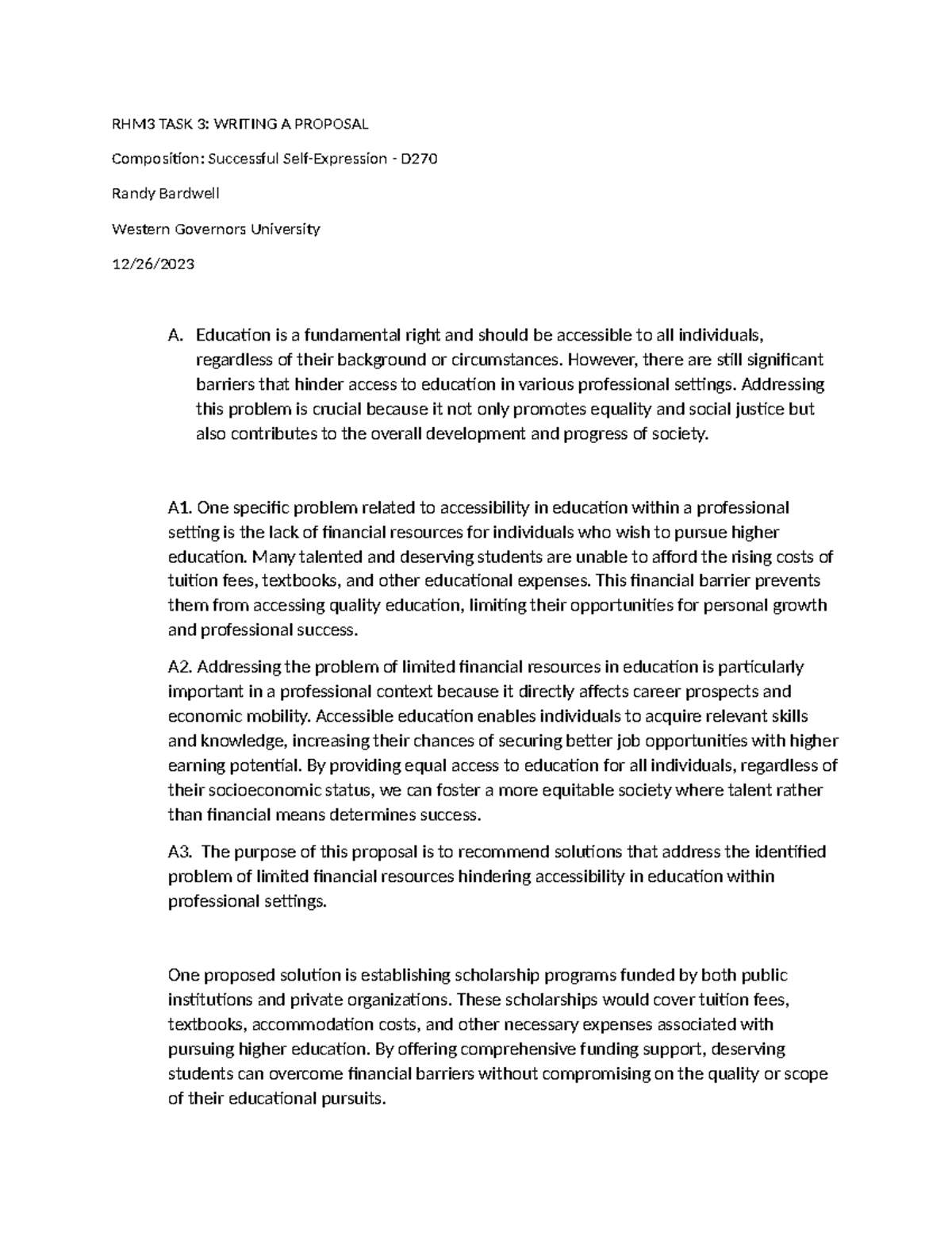 RHM3 TASK 3 D270 - RHM3 TASK 3: WRITING A PROPOSAL Composition ...