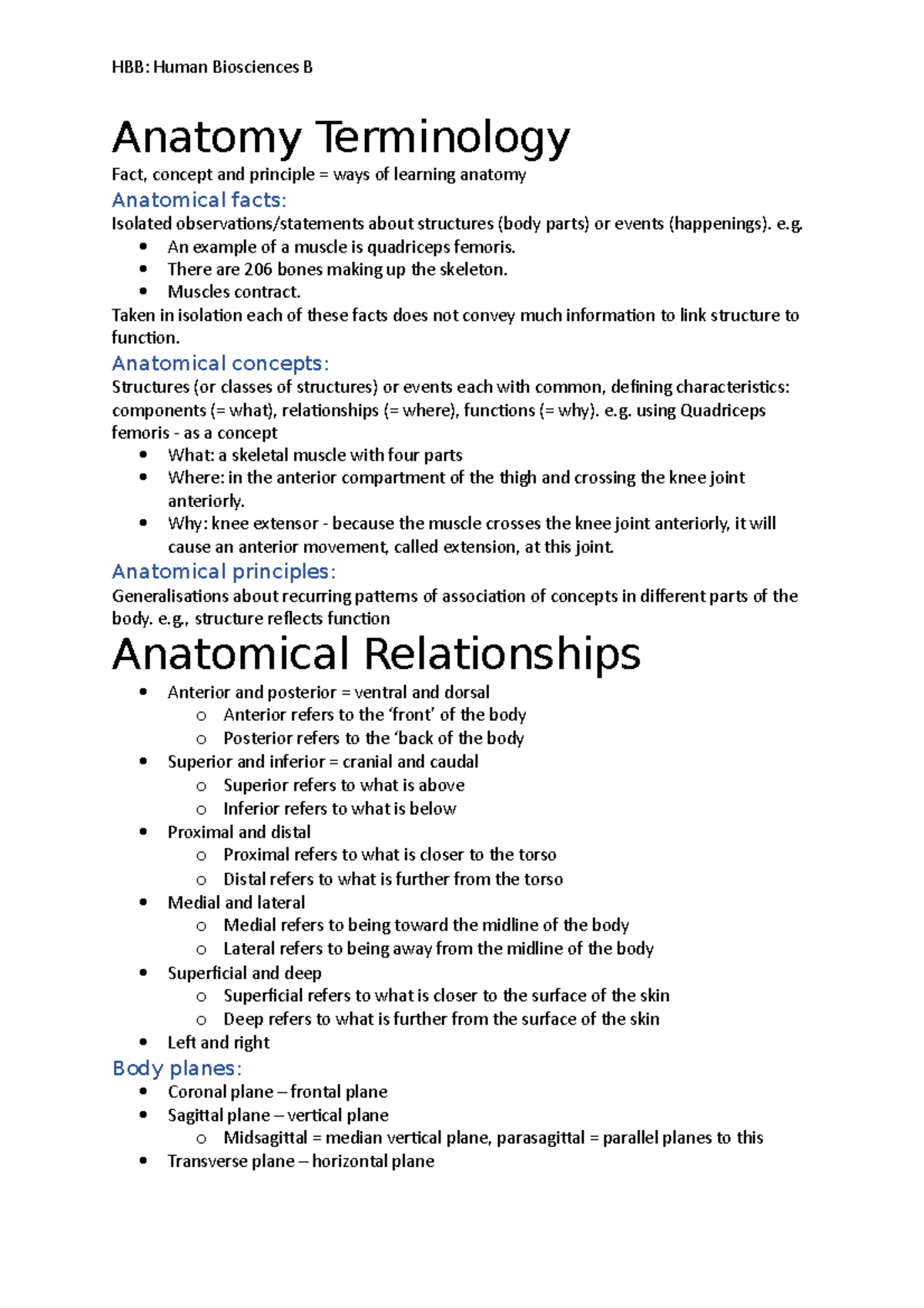 HBB - Summary Human Biosciences B - Anatomy Terminology Fact, concept ...