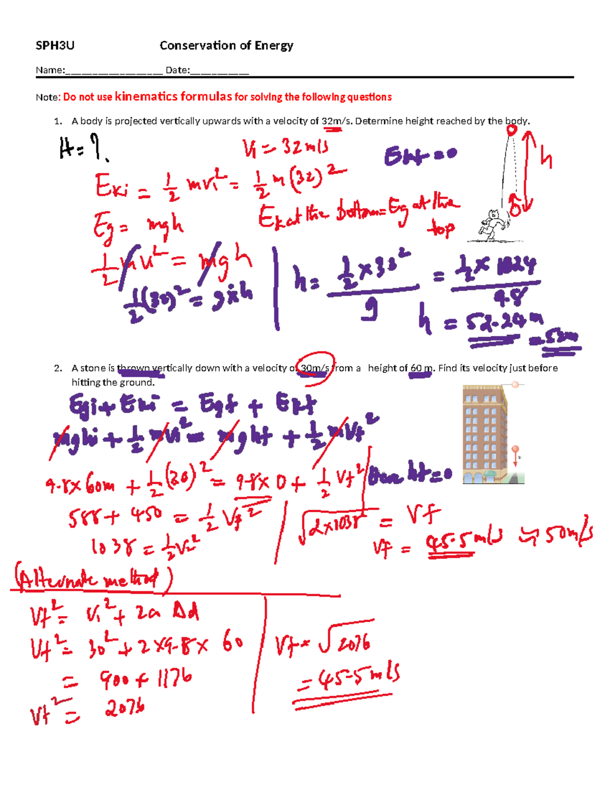 Conservation of Energy- Solutions - SPH3U Conservation of Energy Name