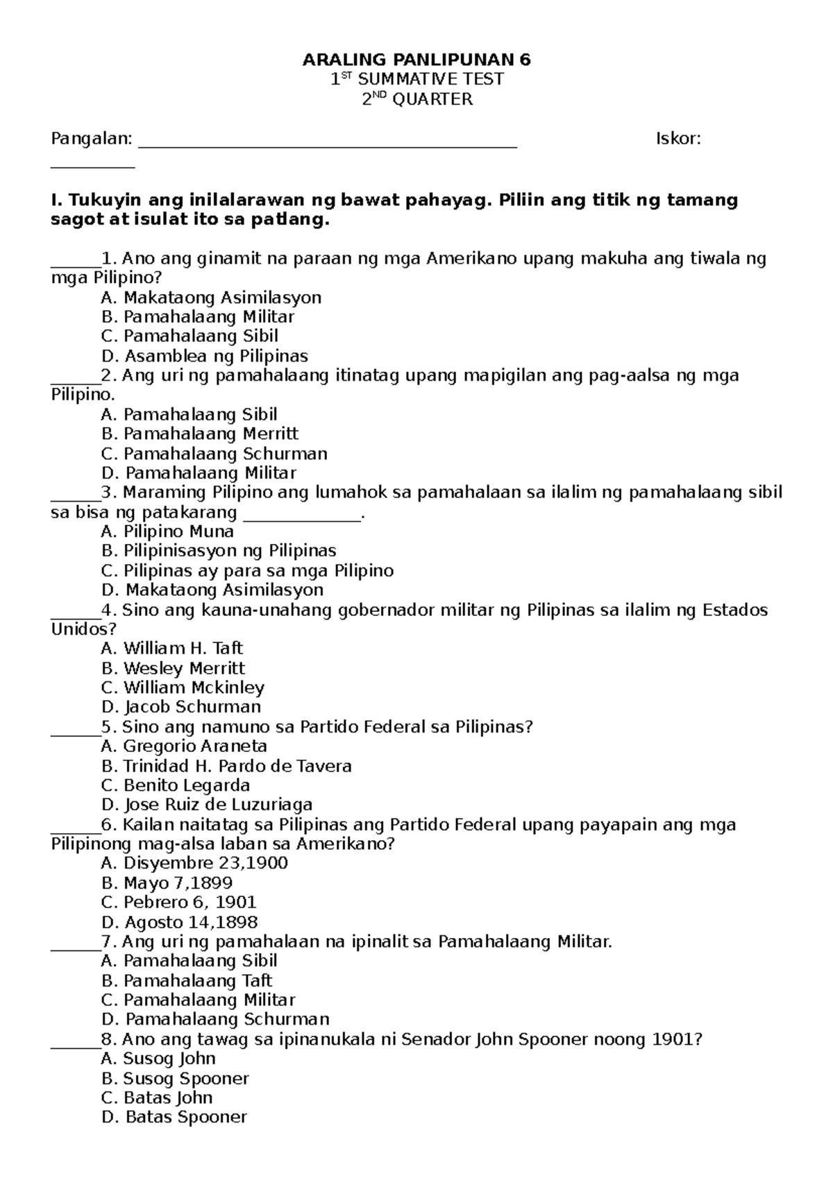 AP6 ST1 Q2 - yes - ARALING PANLIPUNAN 6 1 ST SUMMATIVE TEST 2 ND ...
