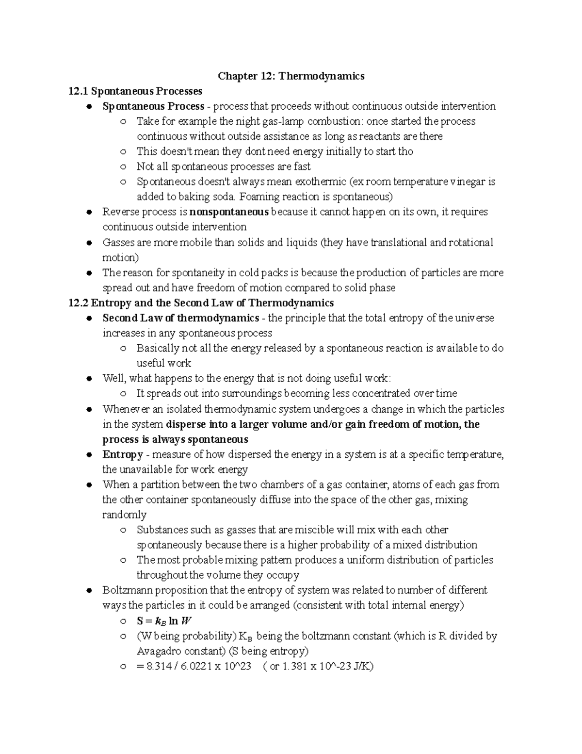 Chapter 12 notes - Chapter 12: Thermodynamics 12 Spontaneous Processes ...