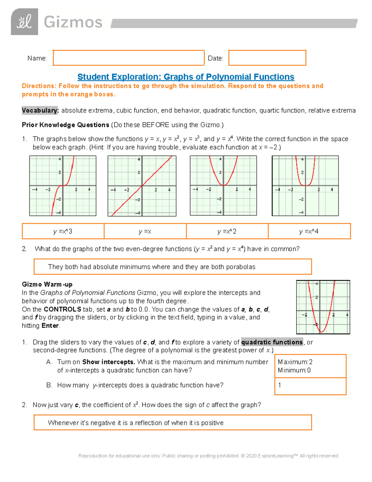 Graphs Polynomial Funcs SE - Name: Date: Student Exploration: Graphs of Polynomial Functions ...