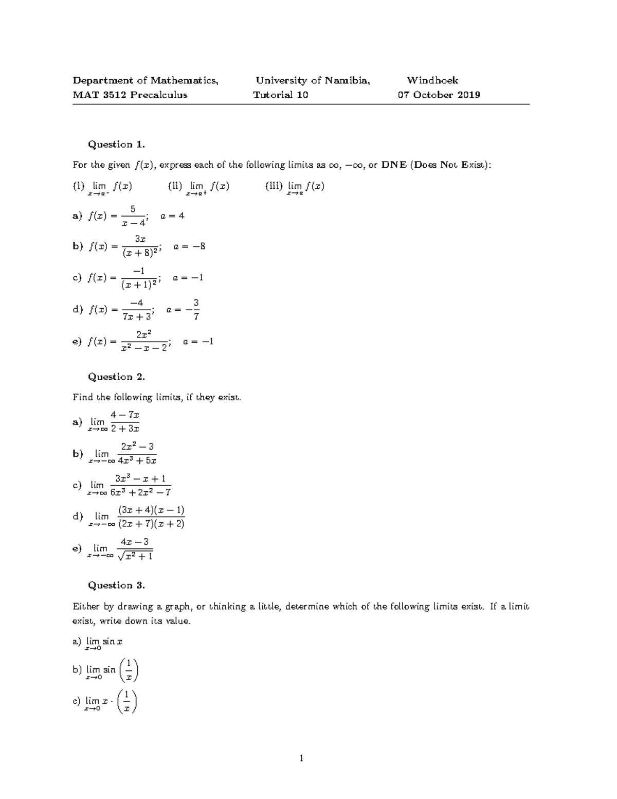 Tutorial Sheet 10 2019 - Worked example on pre-caculus - Department of ...