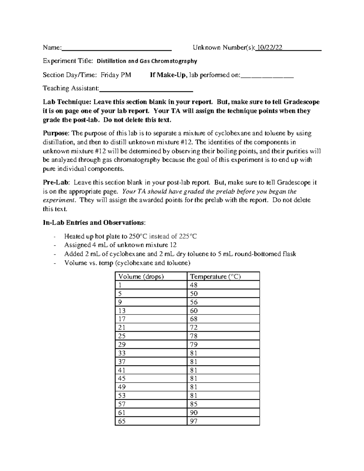 Post Lab 5 - Professor Chris McDaniel - Name: Unknown Number(s): 10/22 ...