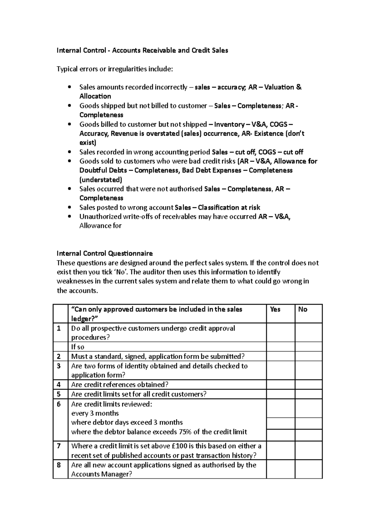 Internal Control Accounts Receivable And Credit Sales Studocu