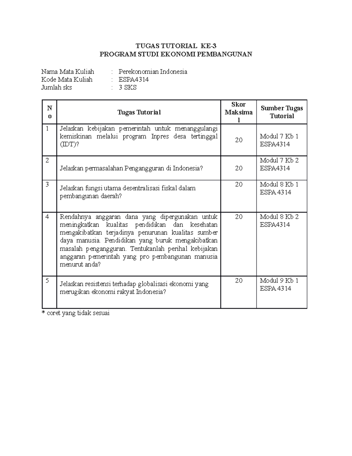 Tugas Tutorial 3 ESPA4314 NEW - TUGAS TUTORIAL KE- 3 PROGRAM STUDI EKONOMI PEMBANGUNAN Nama Mata ...