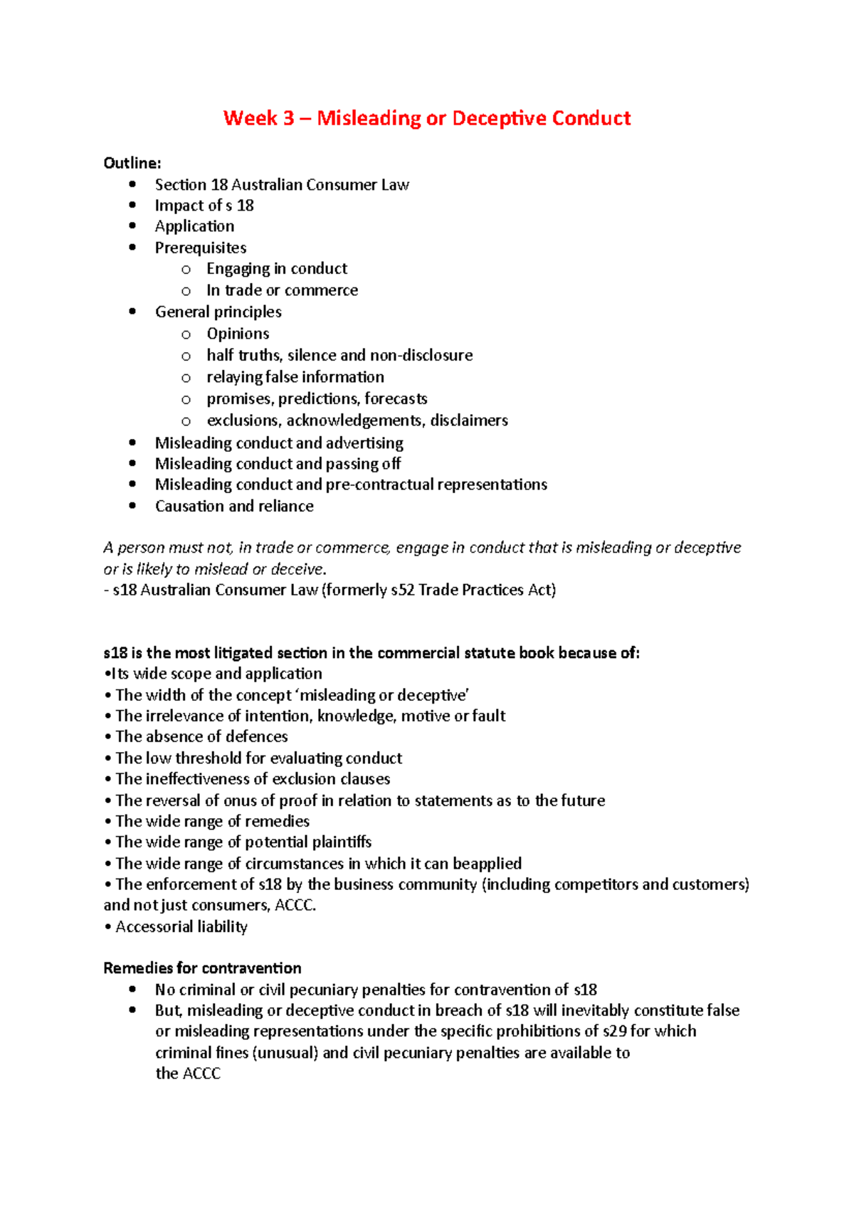 Week 3 - Misleading or Deceptive Conduct - Week 3 – Misleading or ...