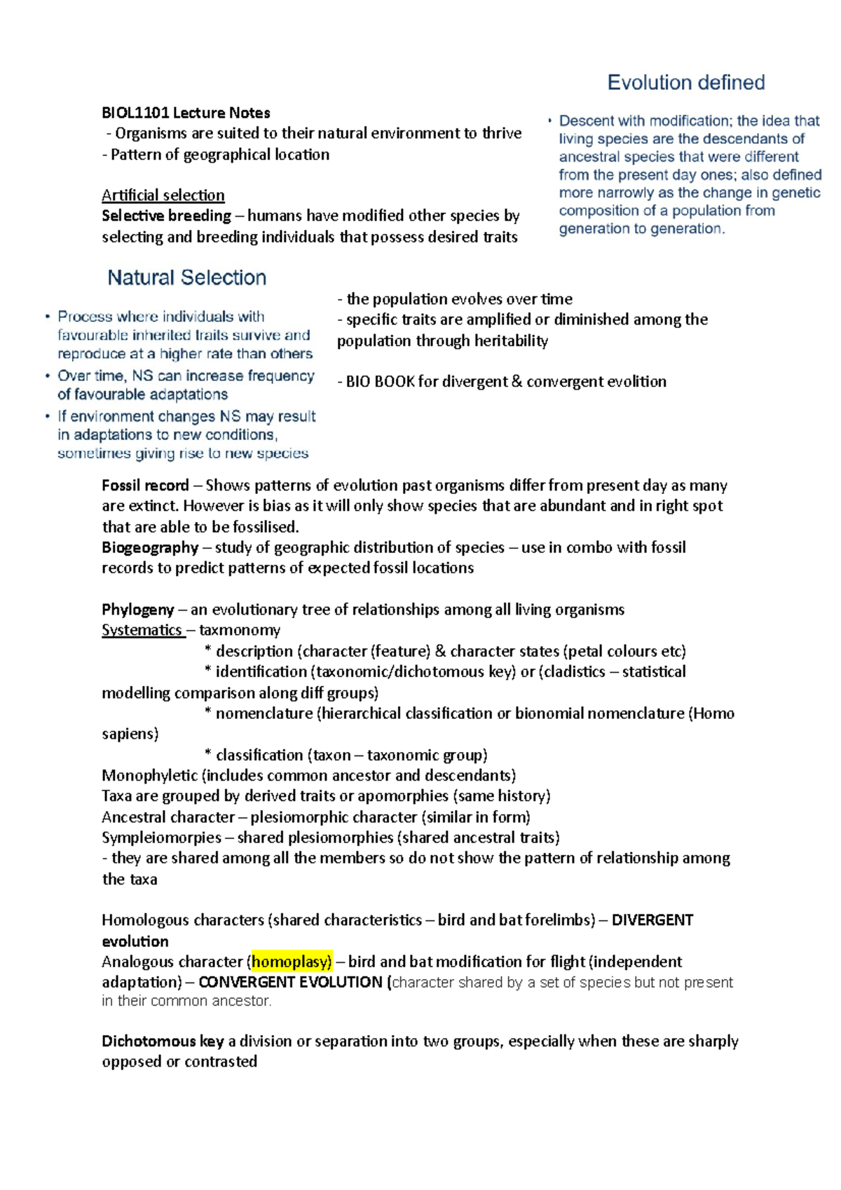 BIOL1101 Lecture Notes: Evolution Biogeography and Taxonomy - Studocu