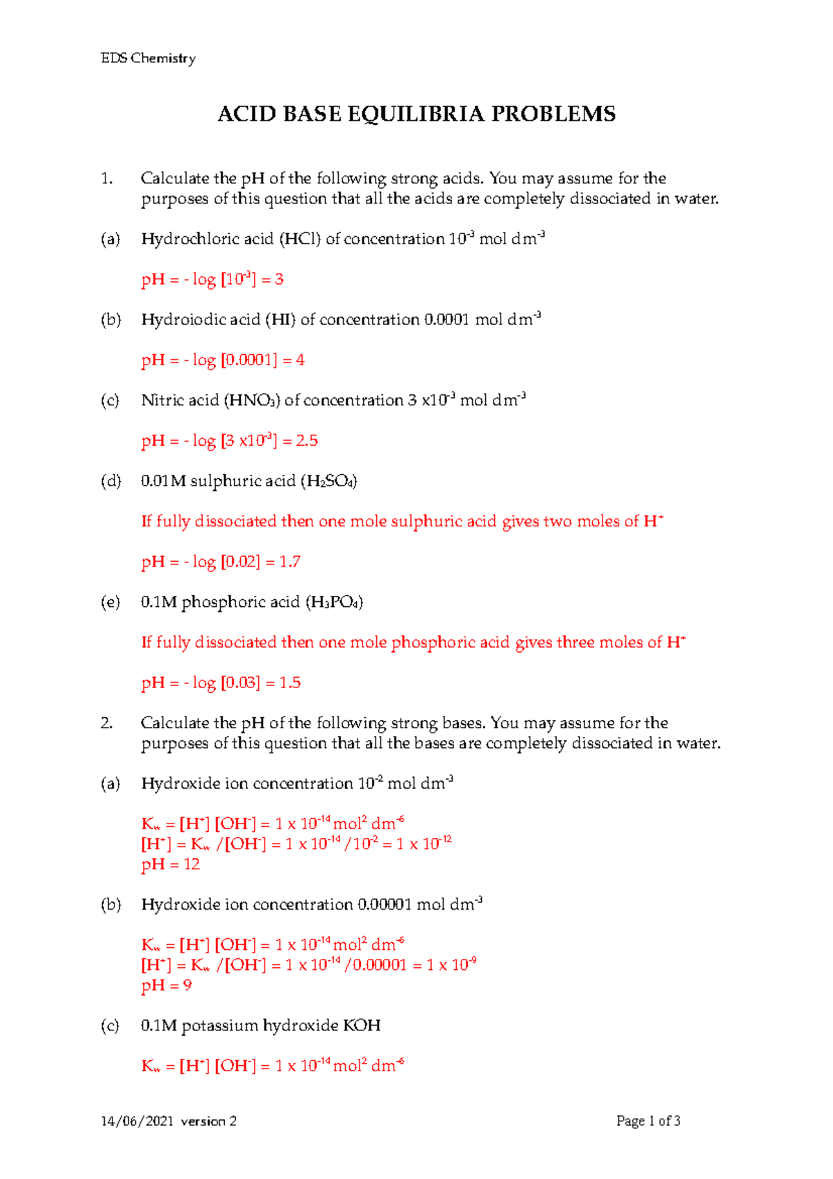 Chemistry Acid Base Class Problems Solutions - EDS Chemistry ACID BASE ...