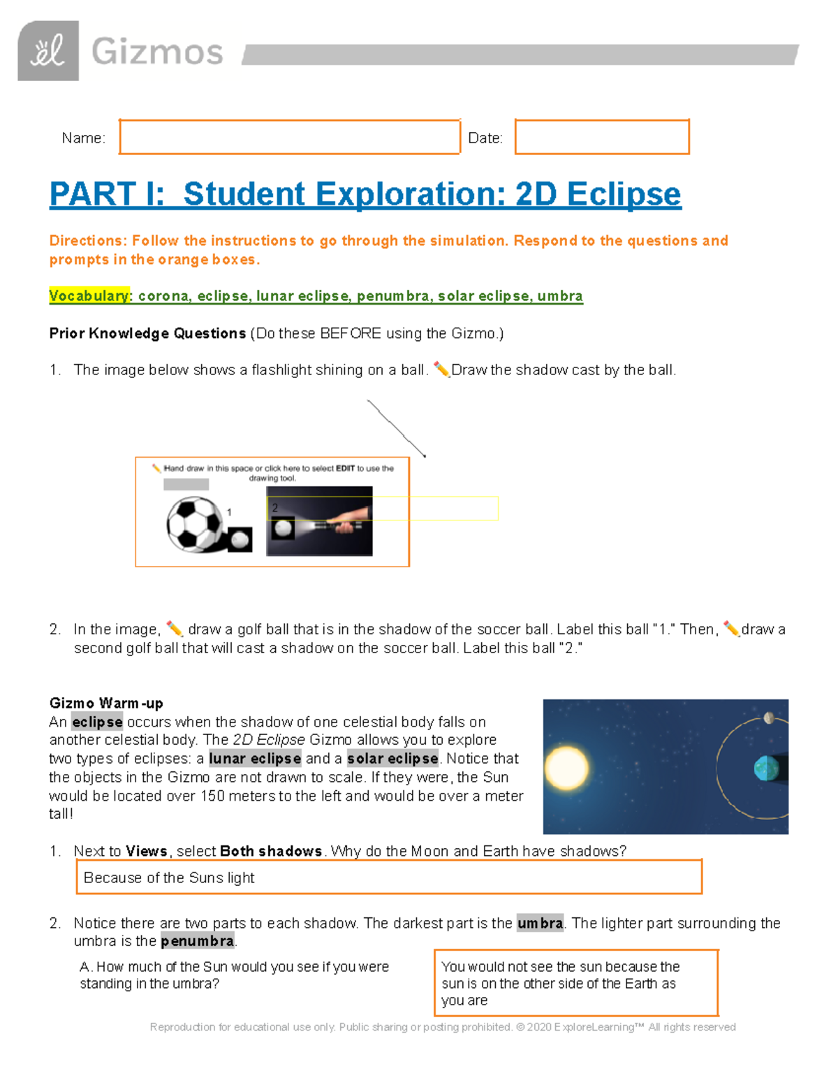 Copy of Solar Eclipse 2D 3D - Name: Date: PART I: Student Exploration ...