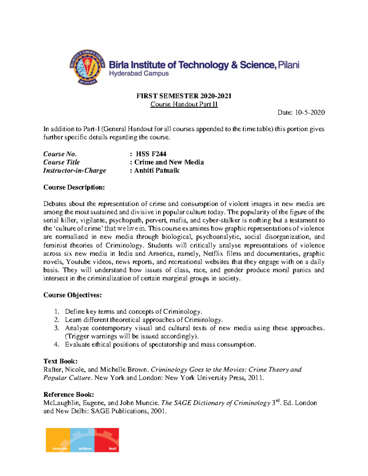 Anhiti Patnaik - Handouts - FIRST SEMESTER 2020- 2021 Course Handout Part II Date: 10- 5 - 2020 ...