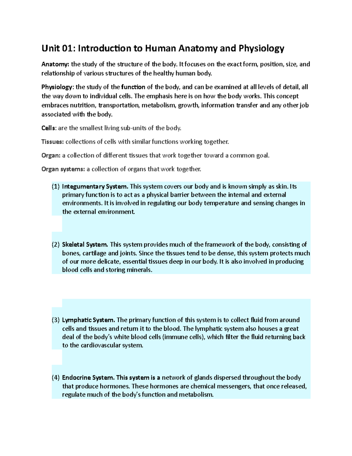 Terms to Know - for the exam - Unit 01: Introduction to Human Anatomy ...