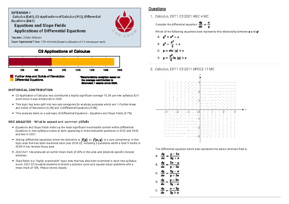 Differential Equations - EXTENSION 1 Calculus (Ext1), C3 Applications ...