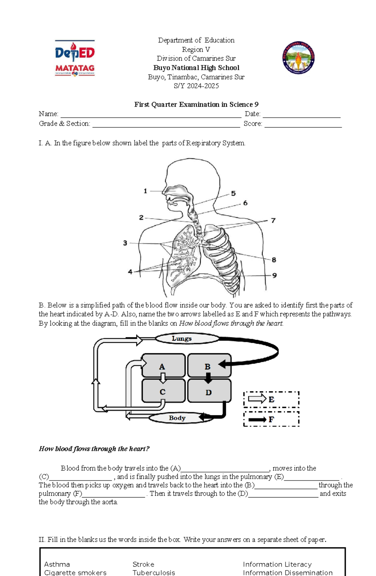 Exam - Examination for Science 9. - Department of Education Region V ...
