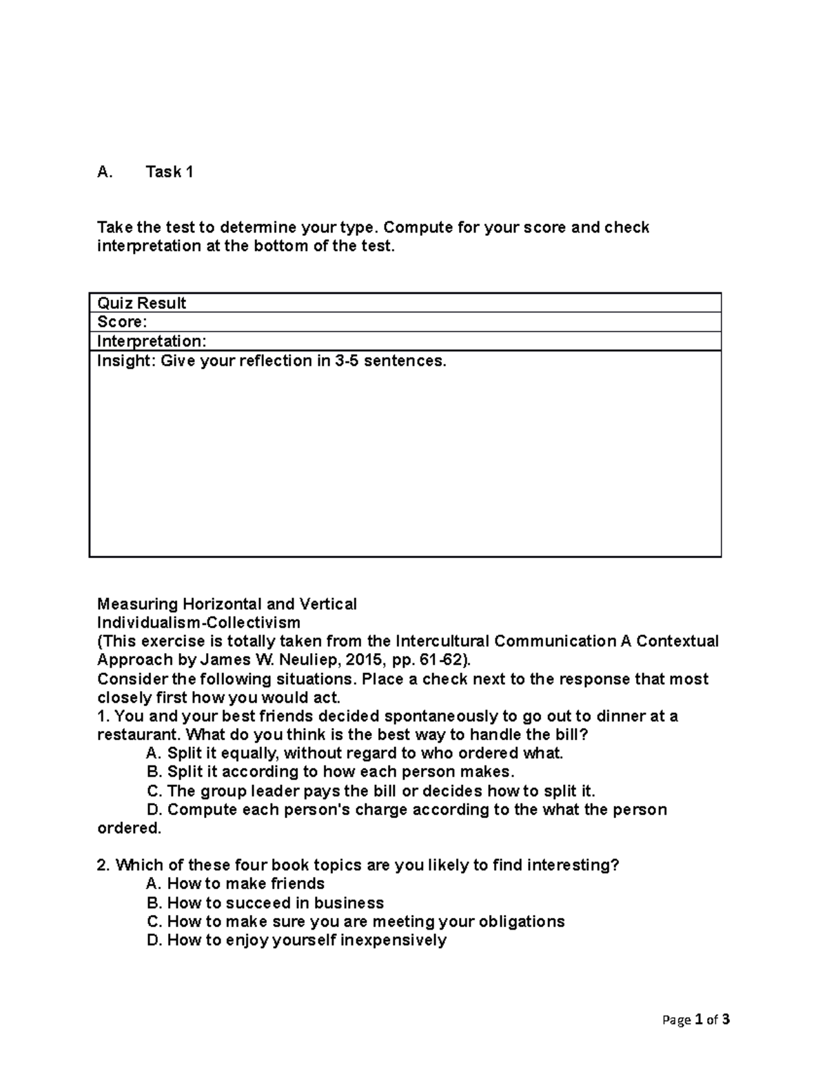 Module II Task 1 - A. Task 1 Take the test to determine your type ...