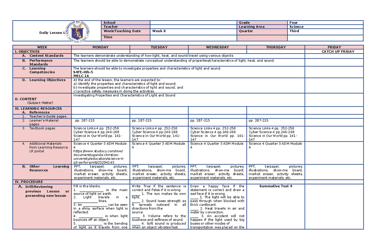 Science 4 Q3 WEEK 8 DLL 1 - Daily Lesson Log School Grade Four Teacher ...