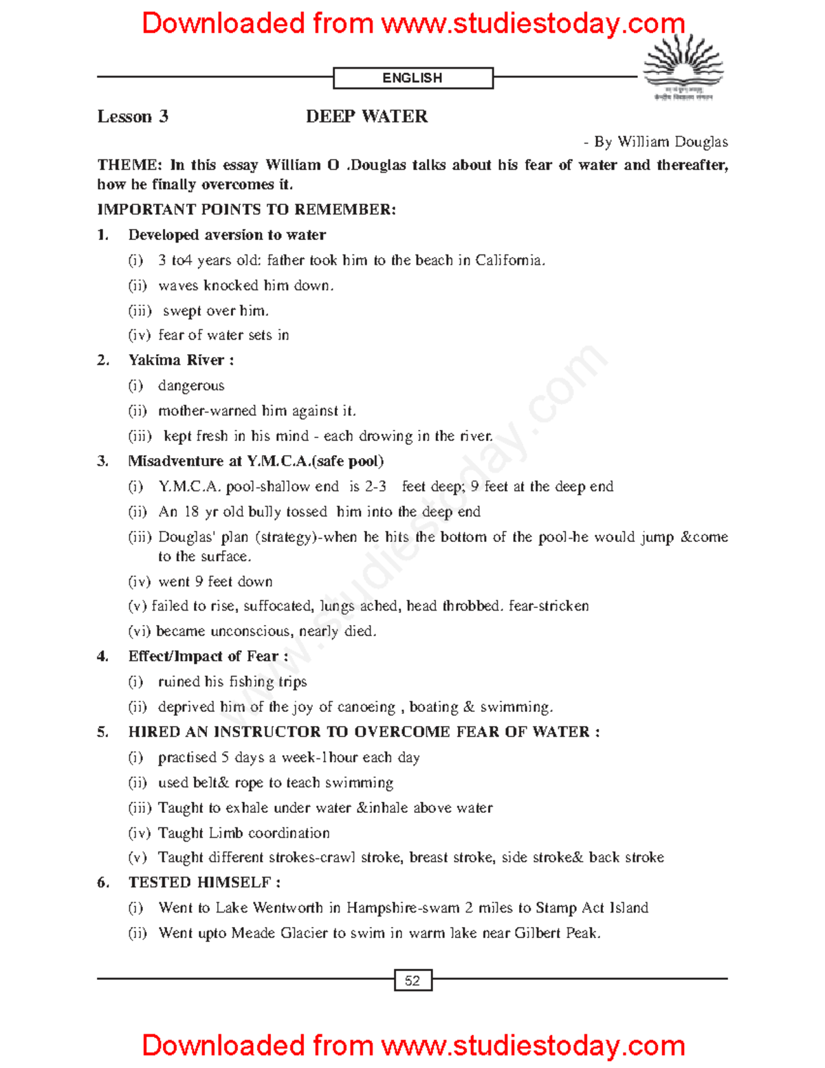 CBSE Class 12 English Deep Water Worksheet - ENGLISH 52 Lesson 3 DEEP ...