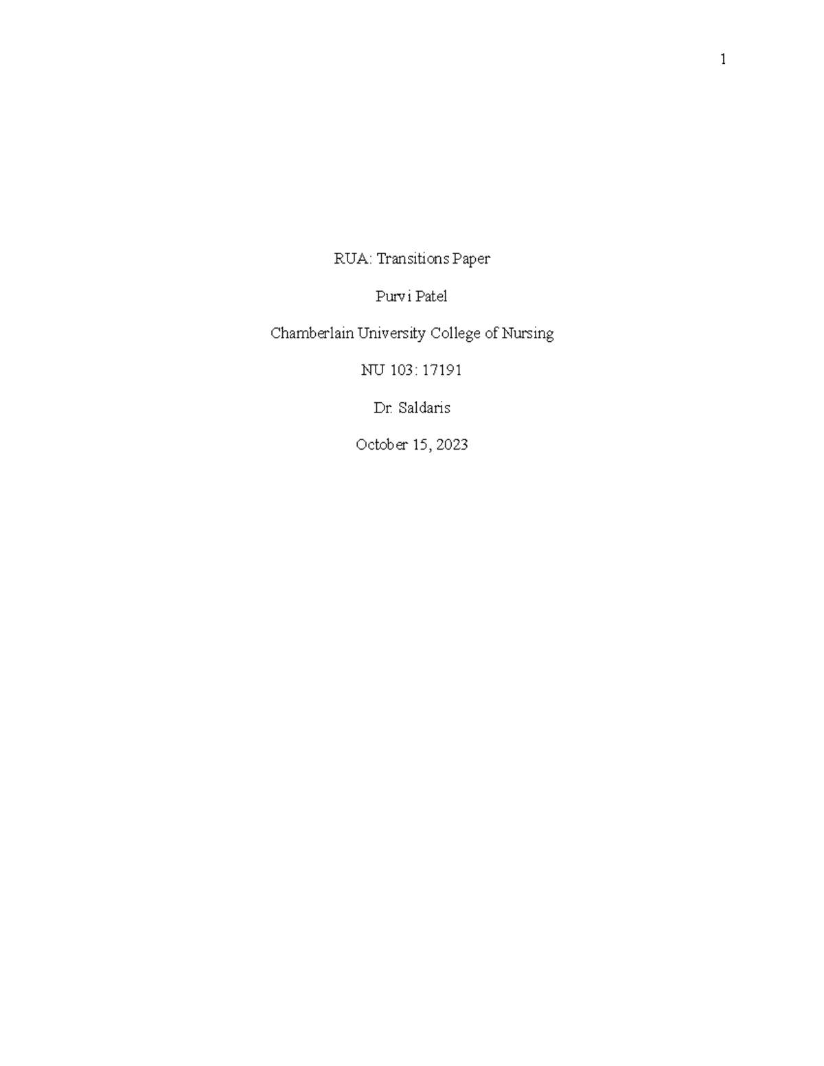 NU 103 RUA- Transitions Final Paper - RUA: Transitions Paper Purvi ...