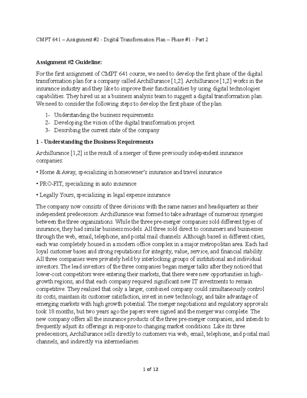 CMPT 641-Digital Transformation Plan - Phase 1 - Part 2 - CMPT 641 – Assignment #2 - Digital ...