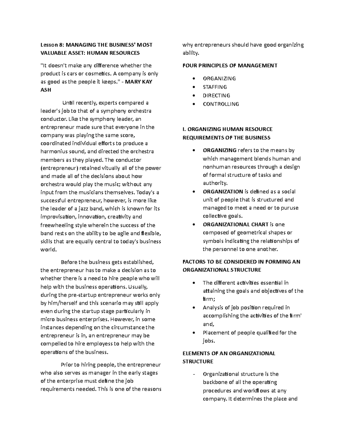 EM Lesson 8 - entrep - Lesson 8: MANAGING THE BUSINESS' MOST VALUABLE ...