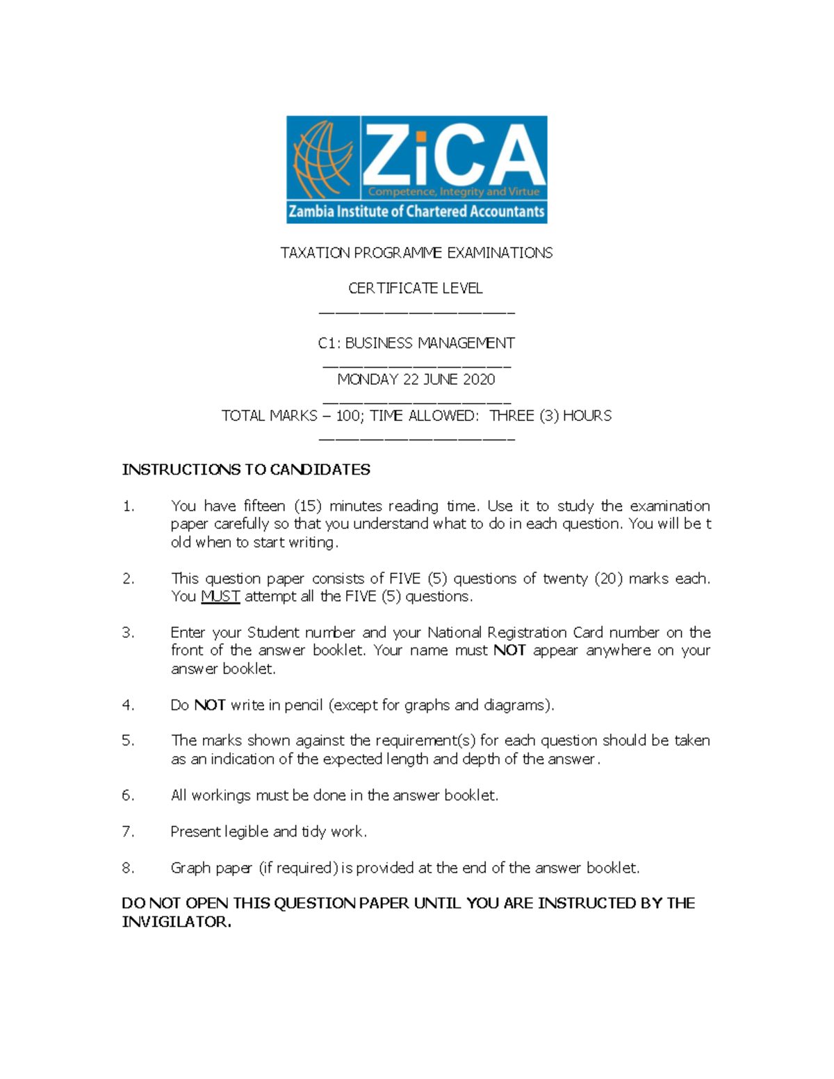 TAX Examination JUNE 2020 Q A - TAXATION PROGRAMME EXAMINATIONS ...