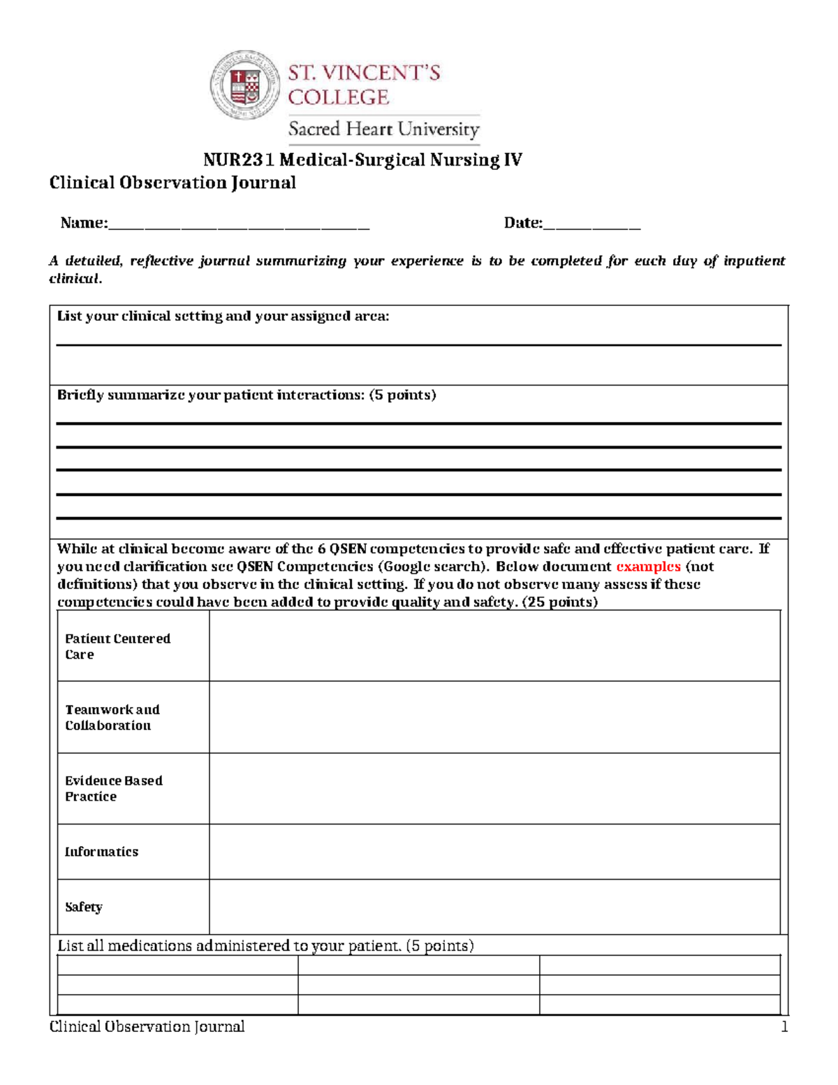 Clinical Observations Reflections NUR231(1) - NUR231 Medical-Surgical ...