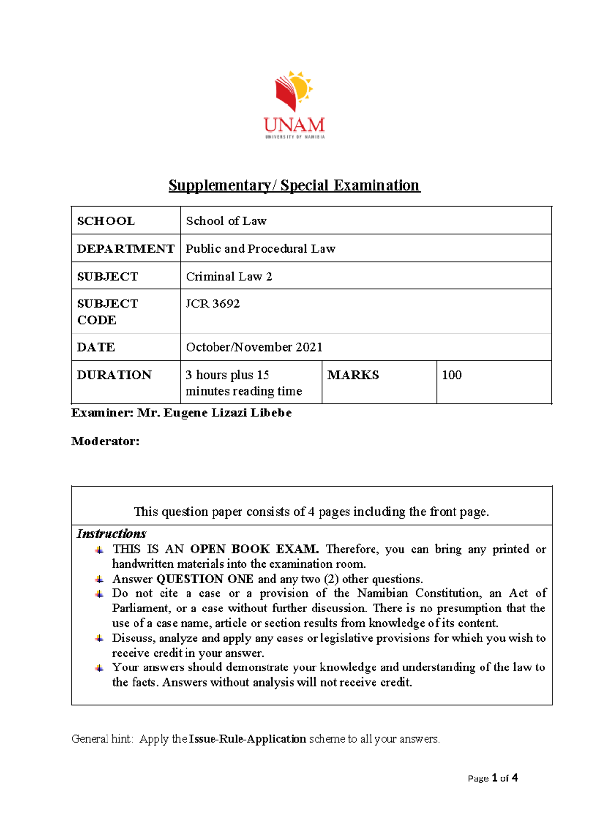 Criminal law 2 Supp - Examination supplementary - Supplementary ...