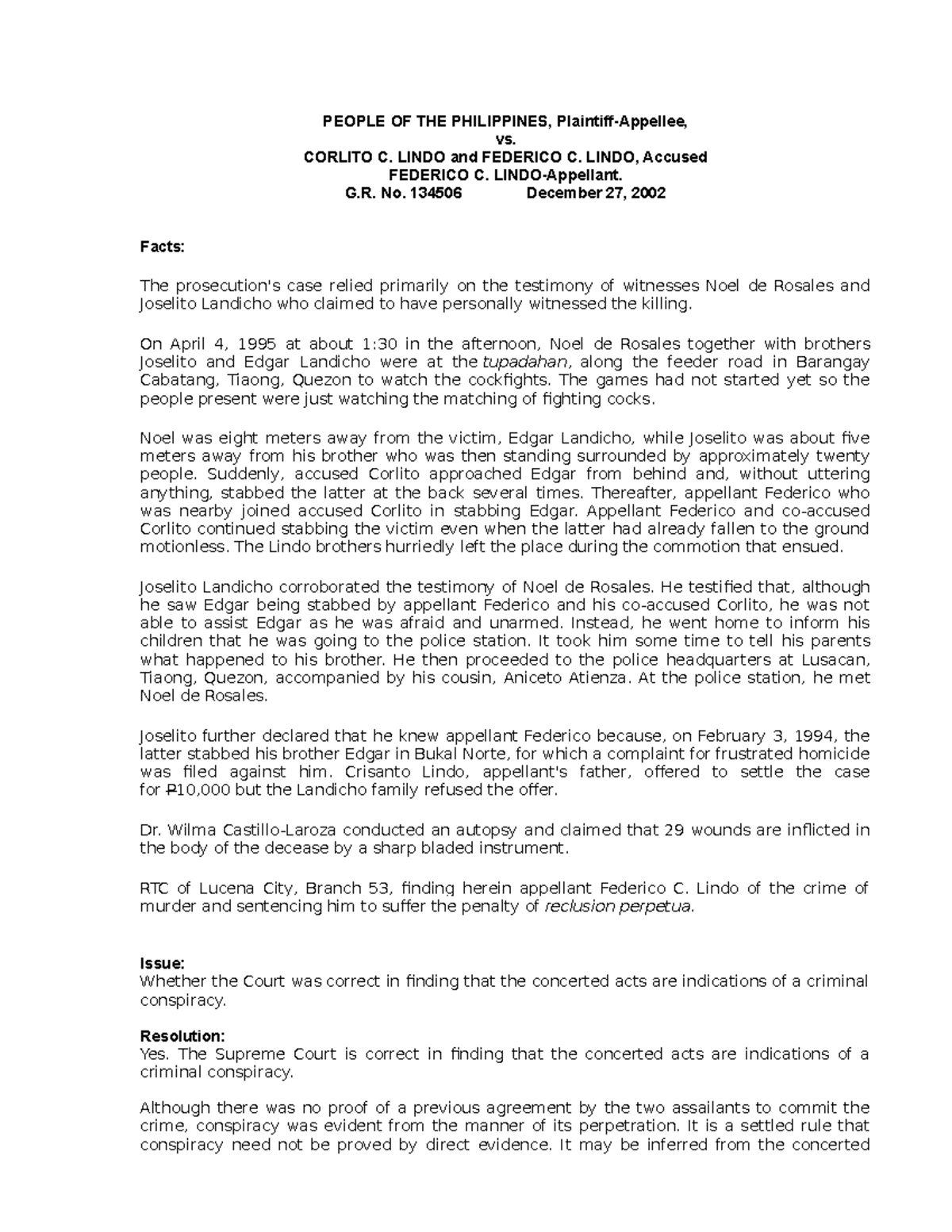 PP-v.-Lino - Criminal Law cases - PEOPLE OF THE PHILIPPINES, Plaintiff ...