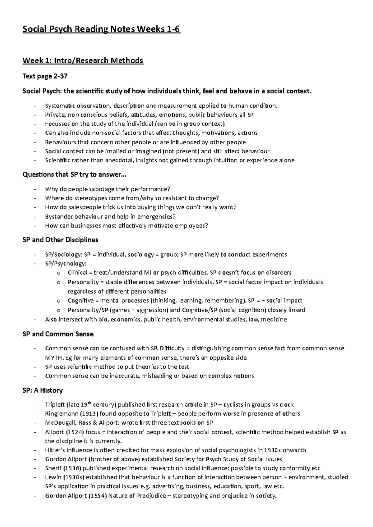 Social Psych Reading Notes Weeks 1-6 - Systematic observation ...