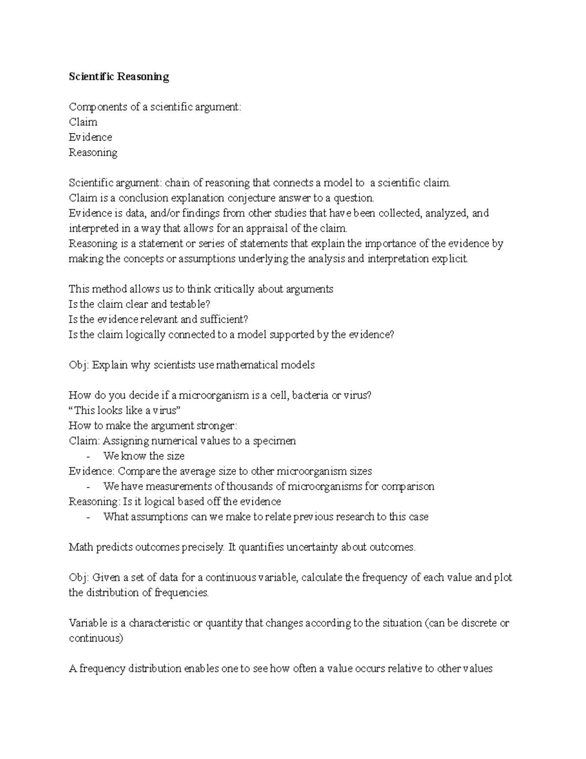 Bio - Bio notes - Scientific Reasoning Components of a scientific ...