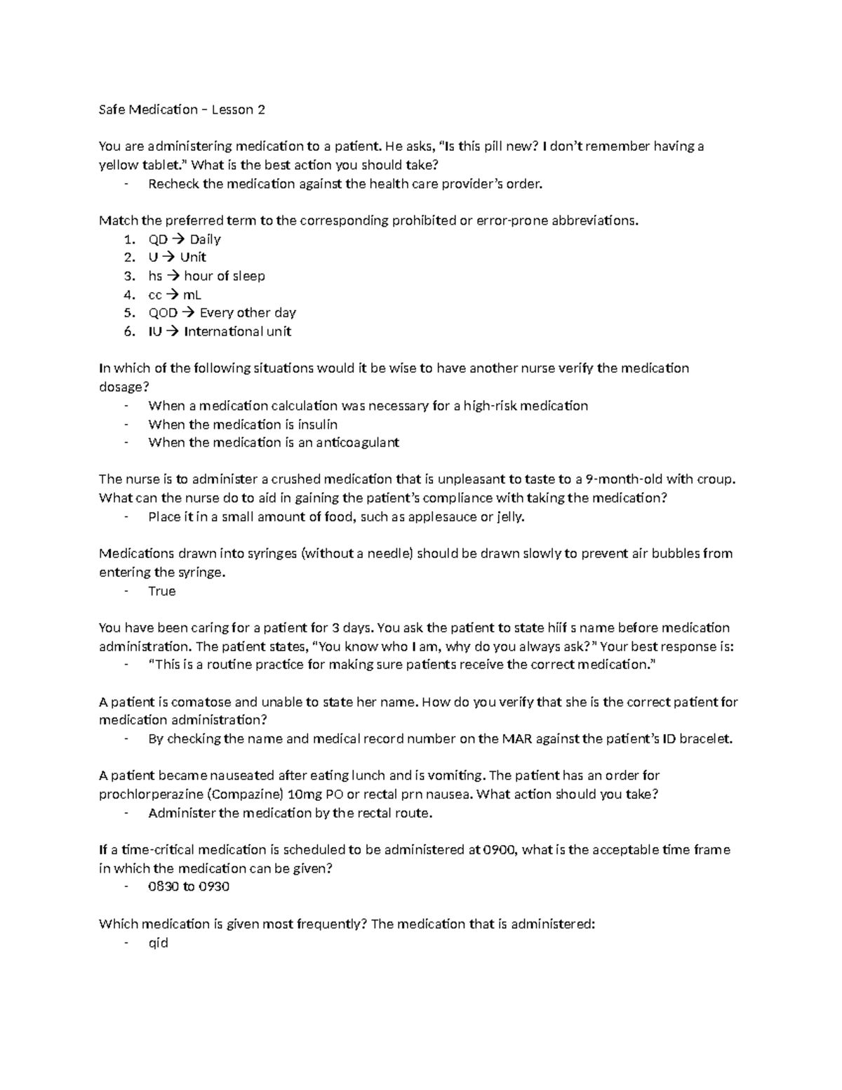 BSN Safe Medication Lesson 2 - Safe Medication – Lesson 2 You are ...