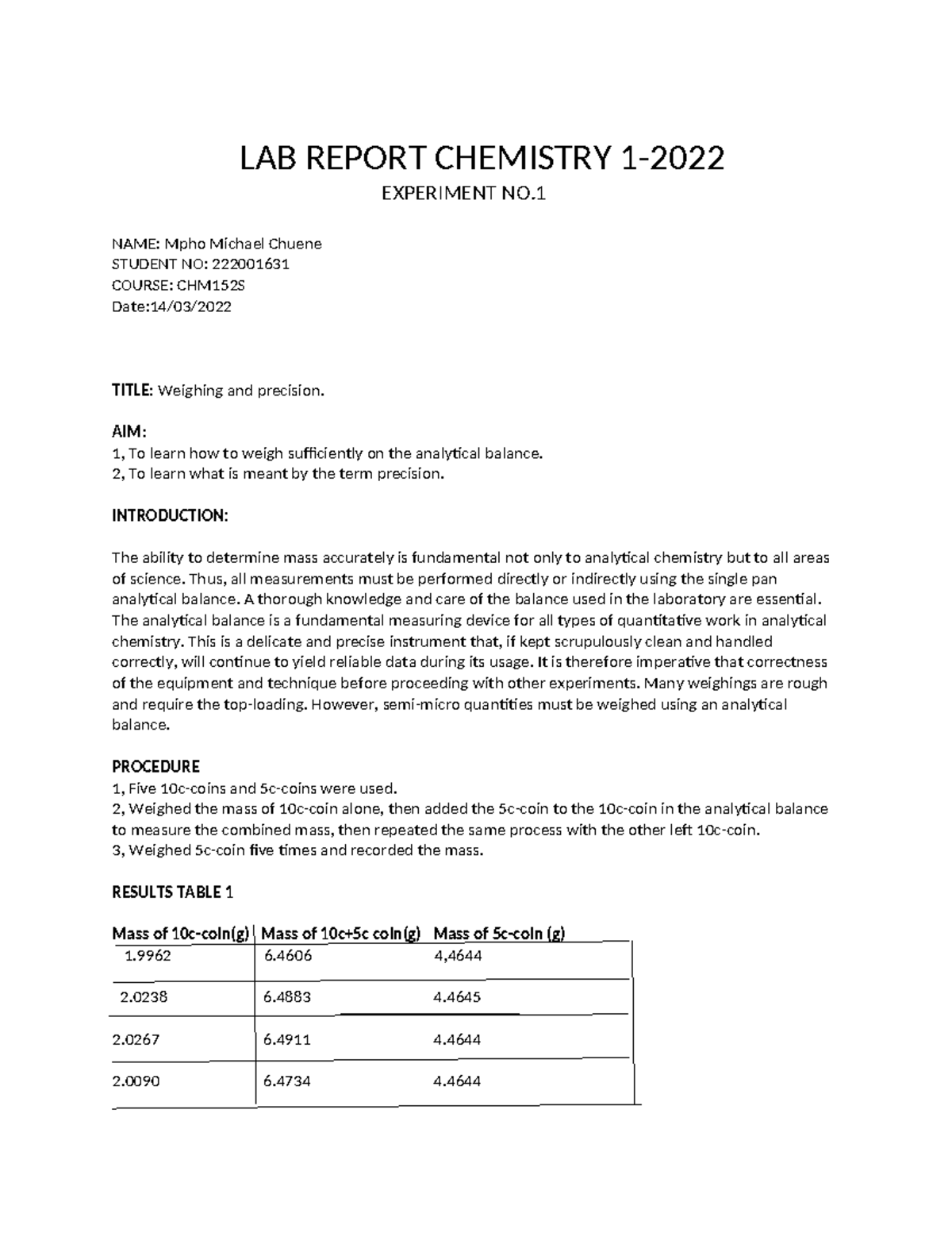 LAB Report Chemistry 1 - lap reoprt - LAB REPORT CHEMISTRY 1 ...
