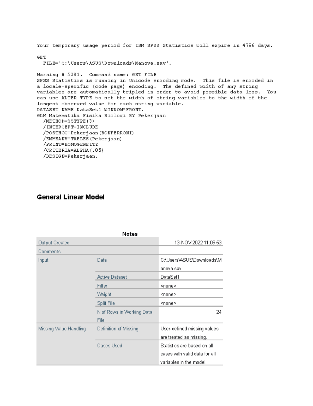 Output TRKelompok Manova - Your temporary usage period for IBM SPSS Statistics will expire in ...