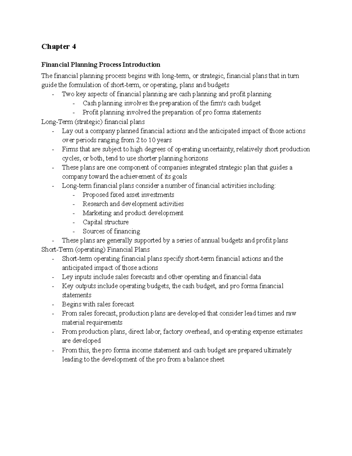 Intro To Finance Chapter 4 Notes Chapter 4 Financial Planning Process 