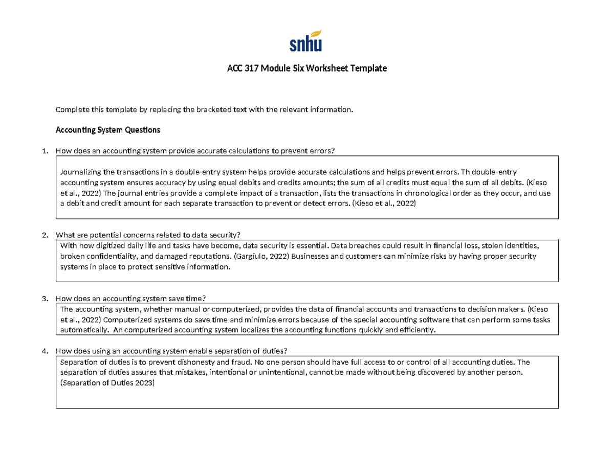 ACC 317 Module Six Worksheet - Accounting System Questions How does an ...
