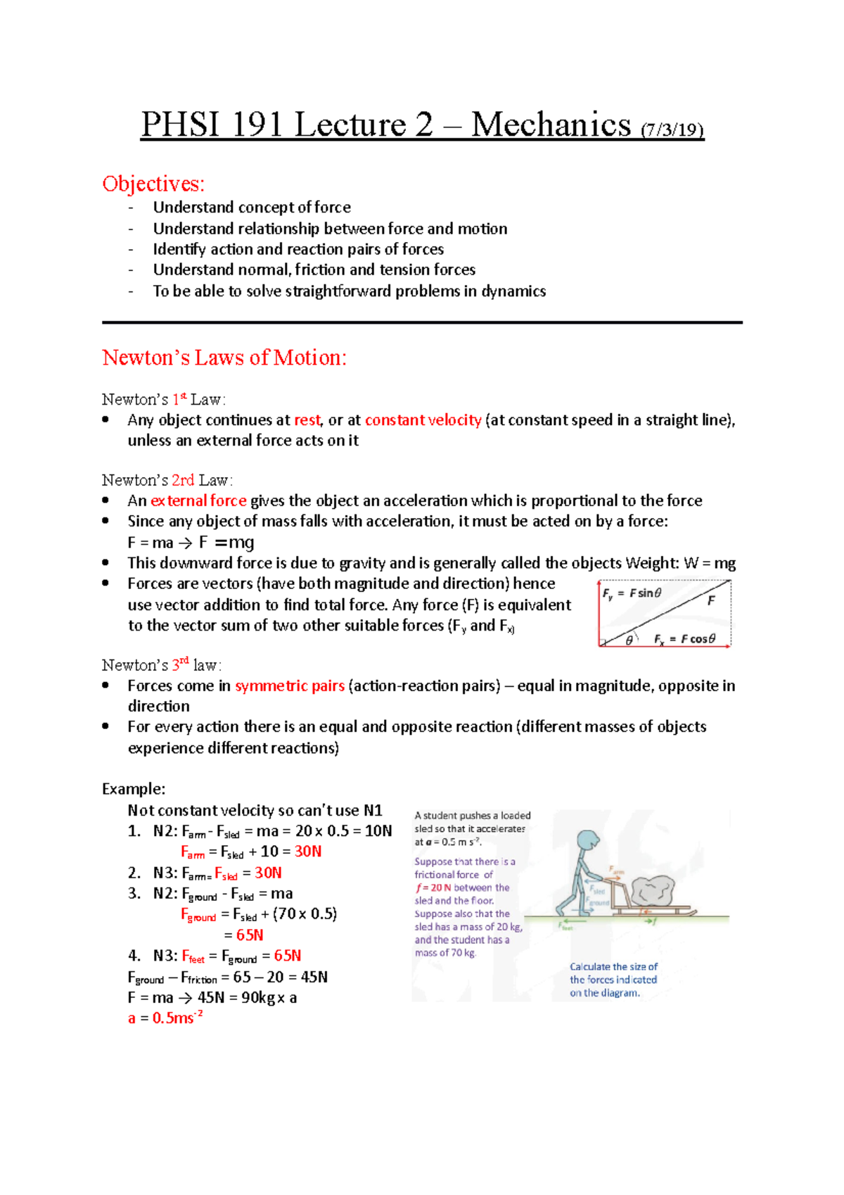 PHSI 191 Lecture 2 - PHSI191 - PHSI 191 Lecture 2 – Mechanics (7/3/19) Objectives: Understand ...