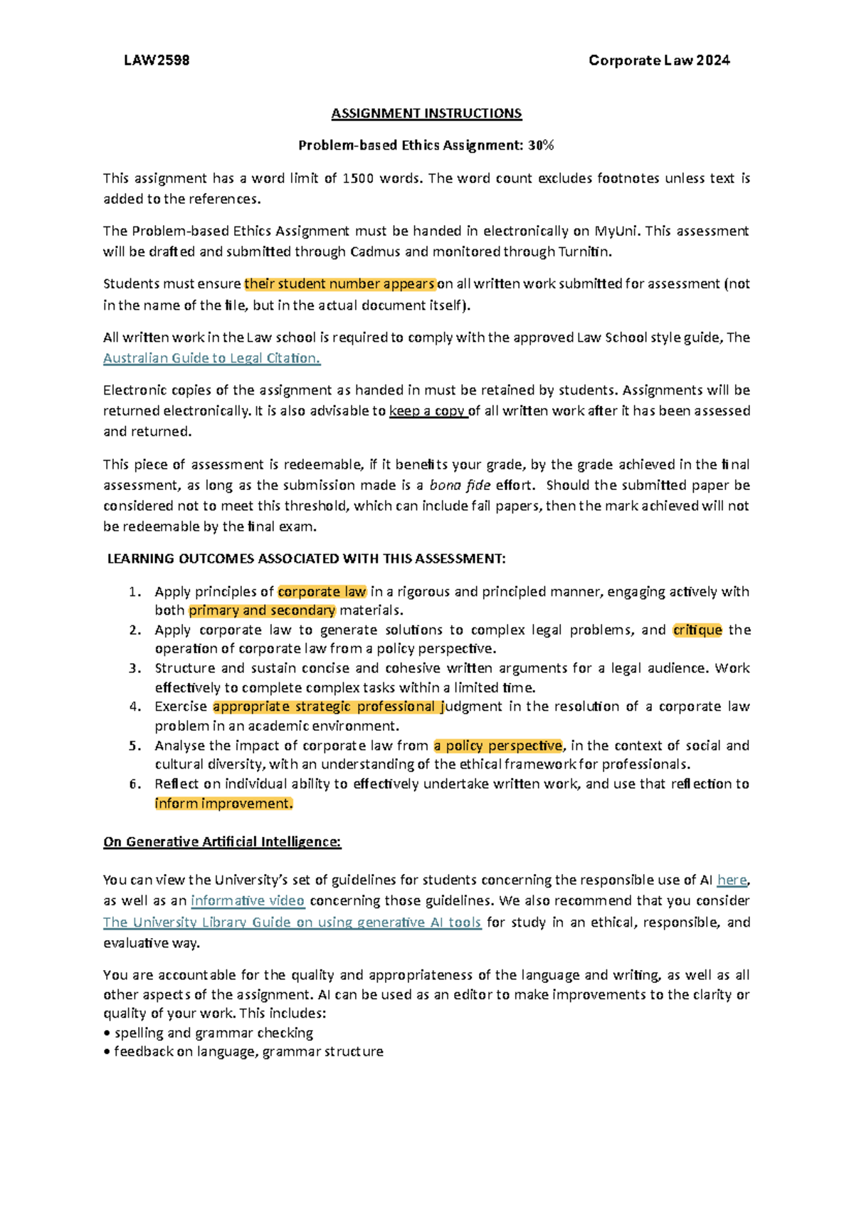 Interim assignment sheet - LAW2598 Corporate Law 202 4 ASSIGNMENT ...
