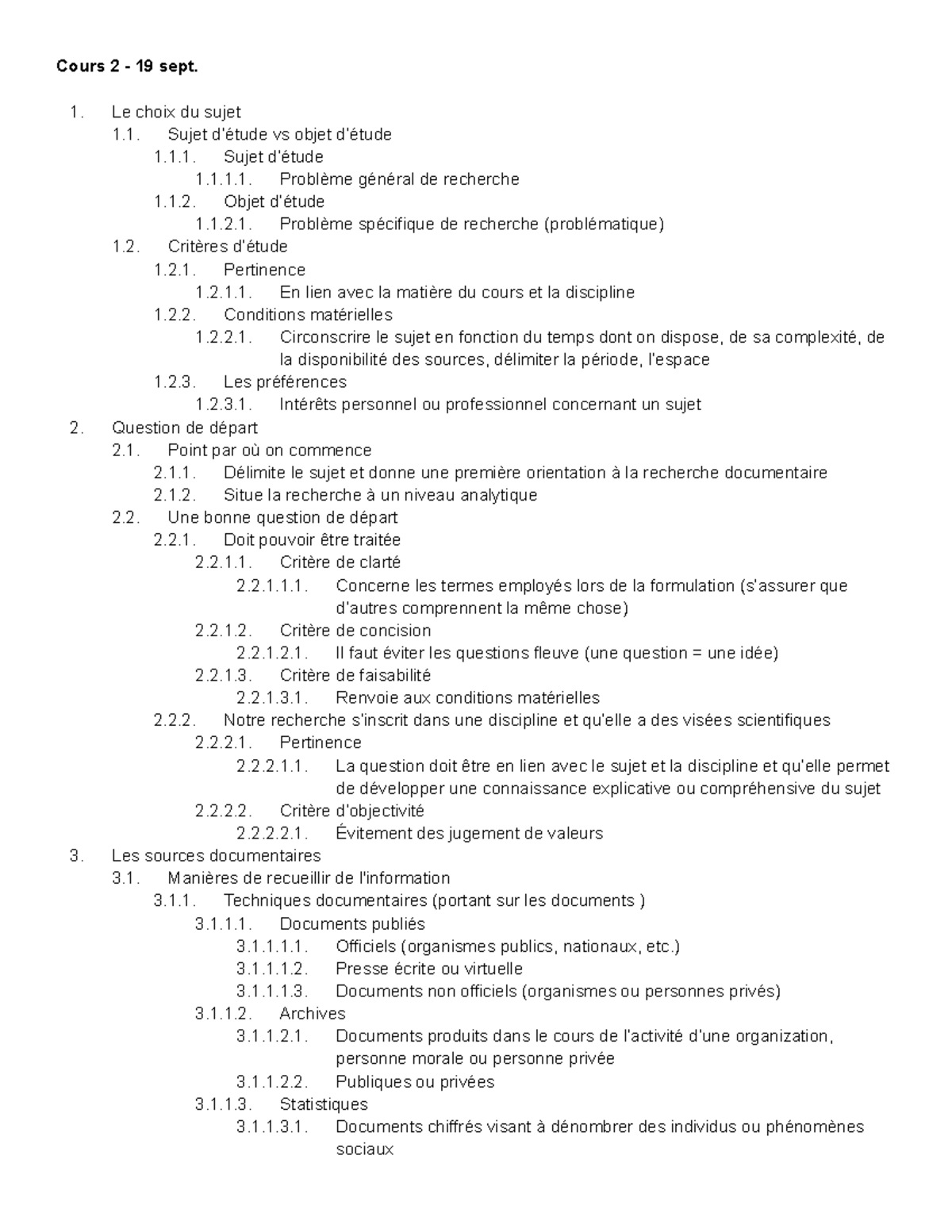 Notes de cours complète - Cours 2 - 19 sept. Le choix du sujet Sujet d ...