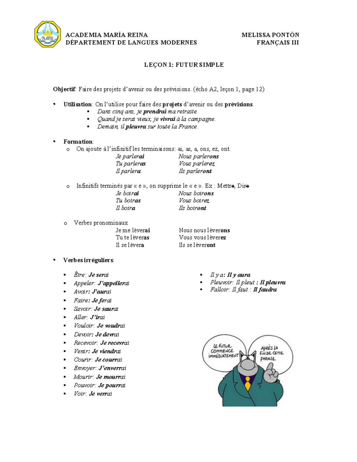 A2 Lec 1 Fiche - Futur Simple PDF - ACADEMIA MARÍA REINADÉPARTEMENT DE ...